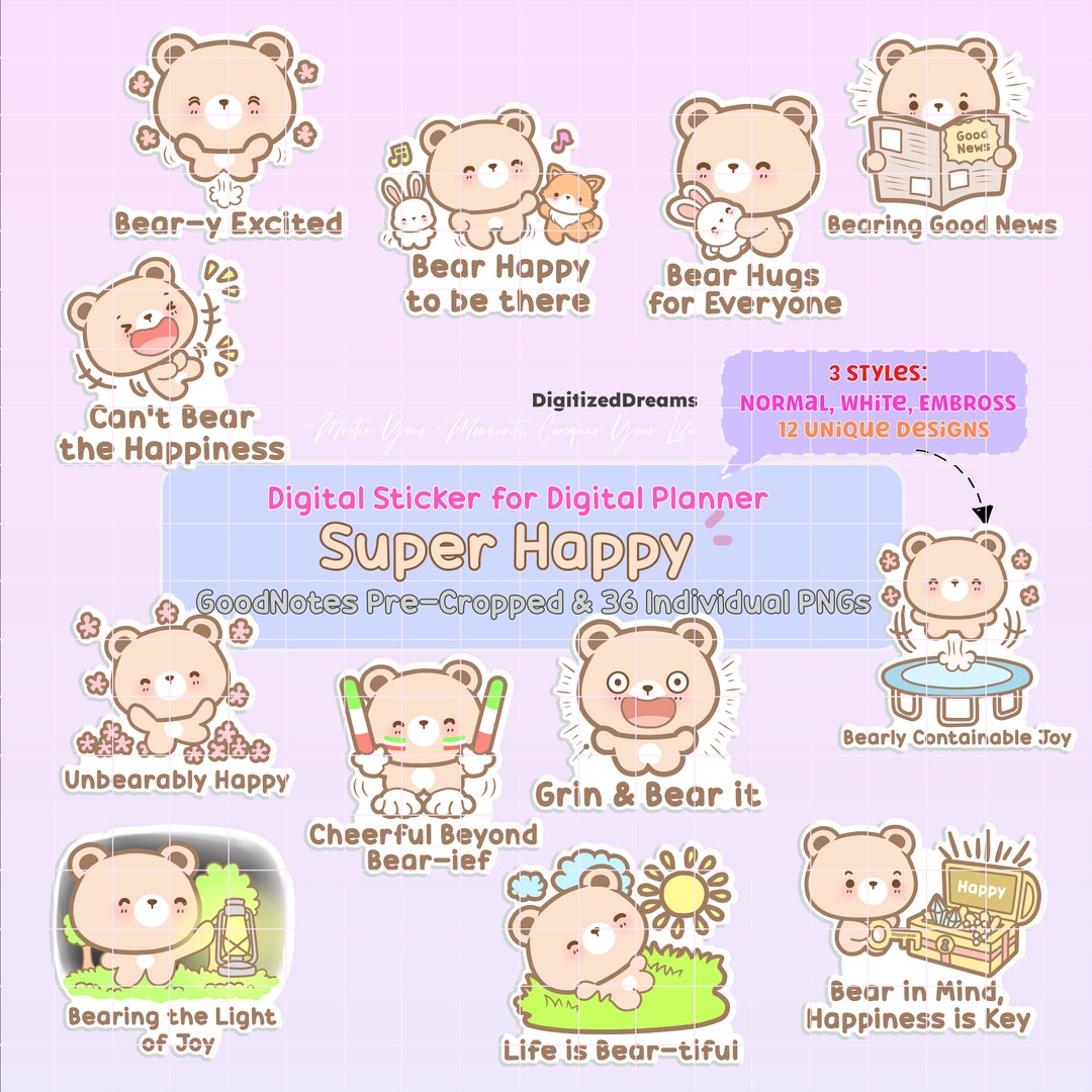 Happy Bear Digital Sticker Pack: Goodnotes Planner PNG (digital ...