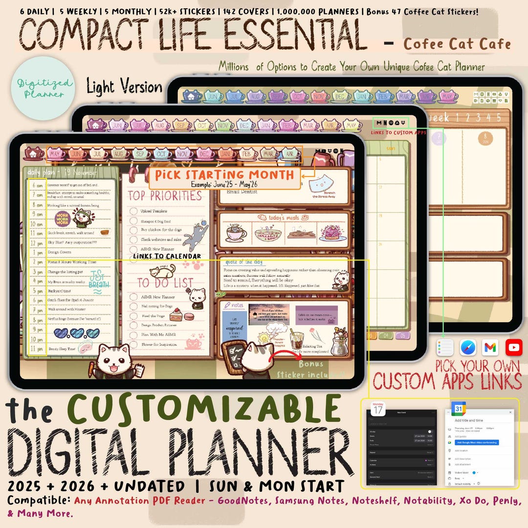 2025 Digital Planner Cute Kitty Cat, Undated Android & iPad Goodnotes ...