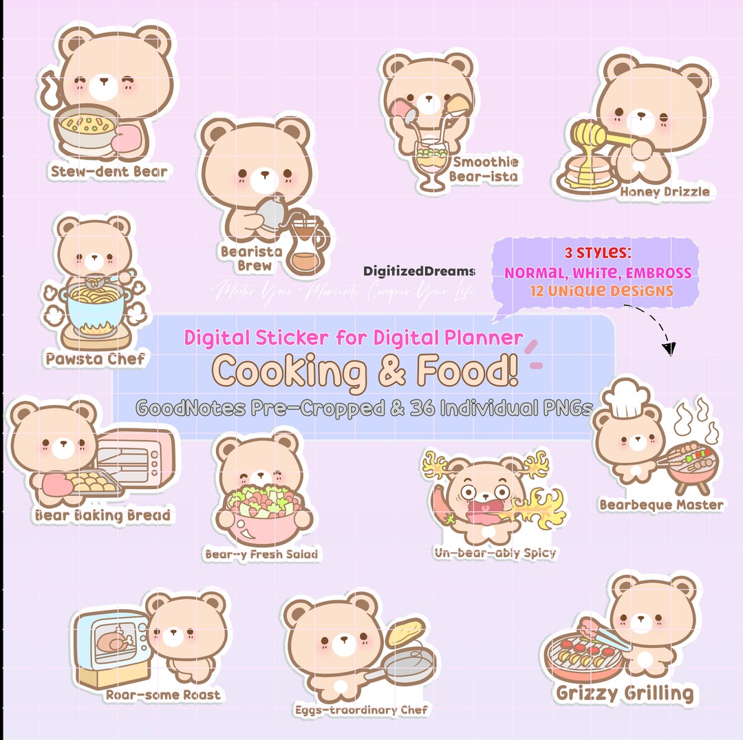 Bear Cooking Digital Sticker Pack, Goodnotes Stickers Png, Bear Bbq ...