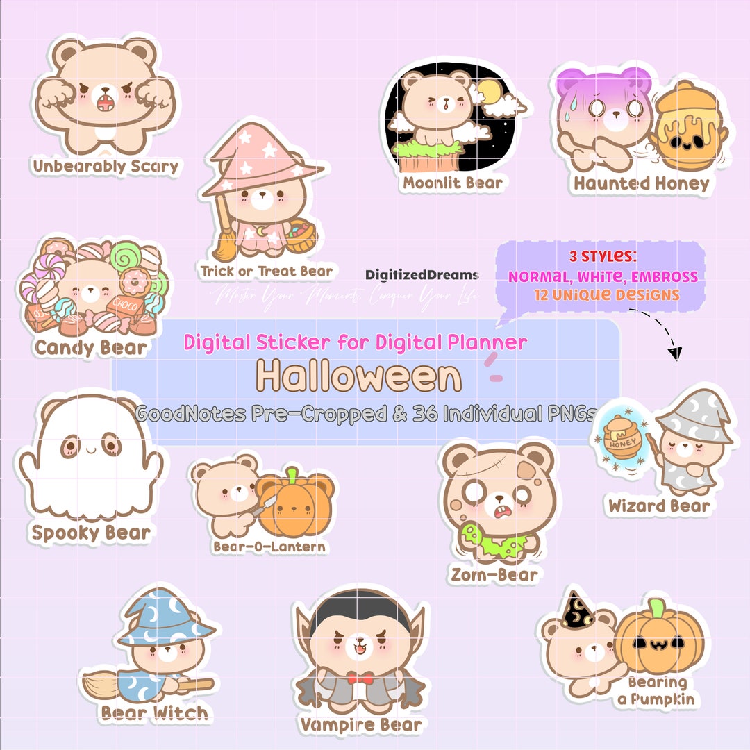 Bear Halloween Digital Sticker Pack, Goodnotes Stickers Png, Spooky ...