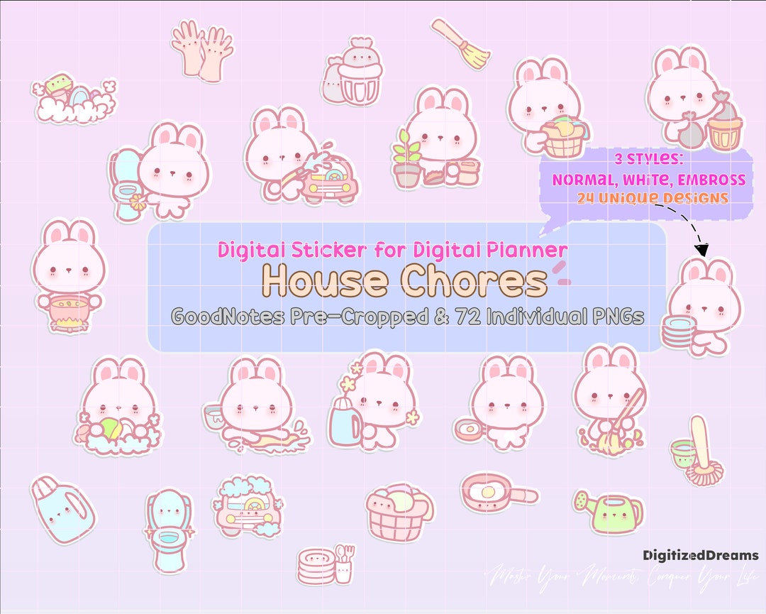 Kawaii Bunny Chores Digital Stickers: Goodnotes Planner (72 PNG) - Etsy