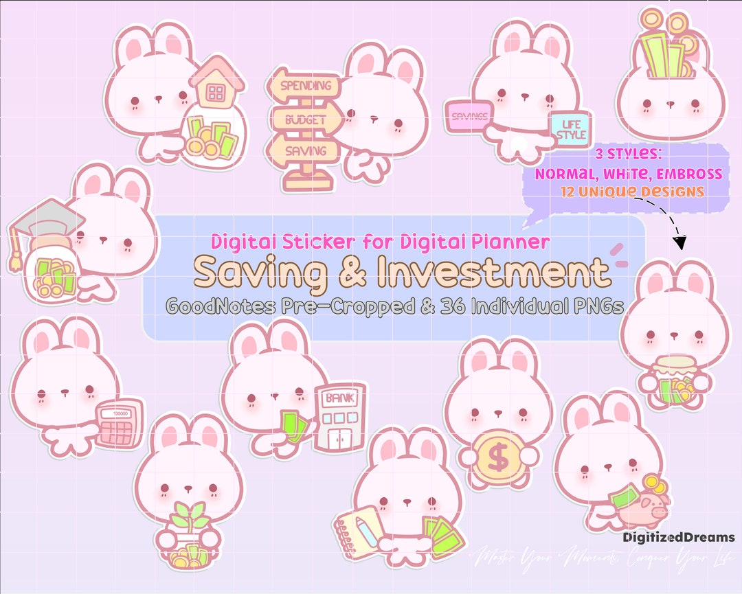 Bunny Saving Digital Sticker Pack, Goodnotes Precropped Png, Money ...