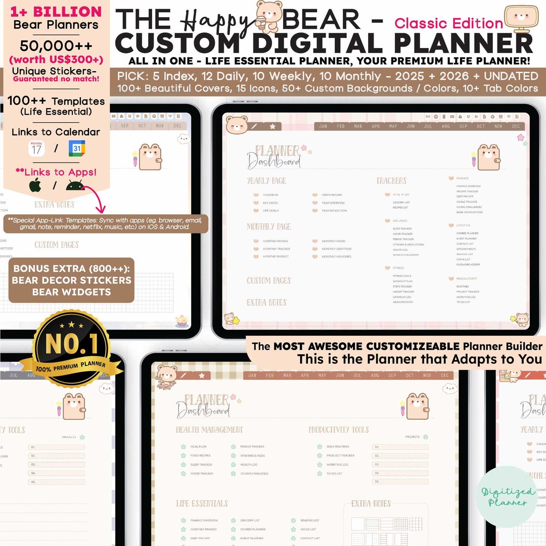Bear Digital Planner 2025, Undated, Kawaii Bear Planner, Cute Goodnotes ...