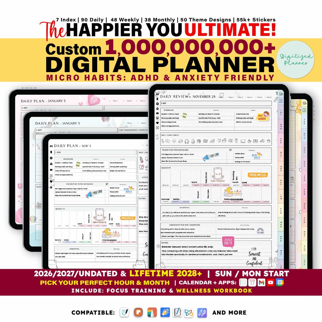ADHD Digital Planner 2026, Undated, Lifetime, Daily Habit Goal, Anxiety ...