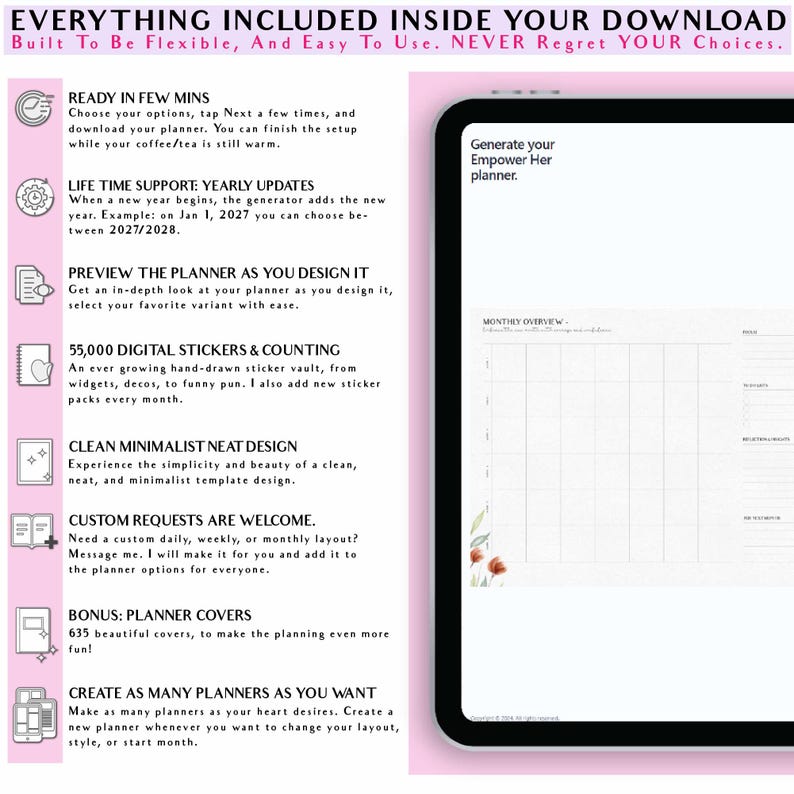 Girl Digital Planner 2026, Undated, Lifetime, Custom Daily Planner ...