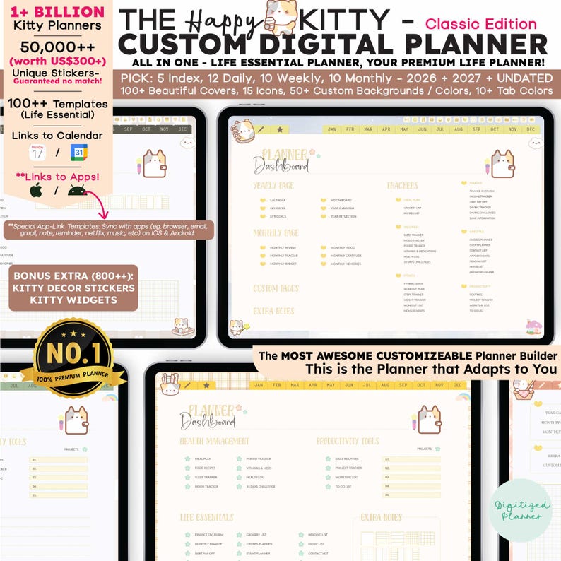 Kitty Digital Planner 2026 Undated, Lifetime, Custom Daily, iPad ...