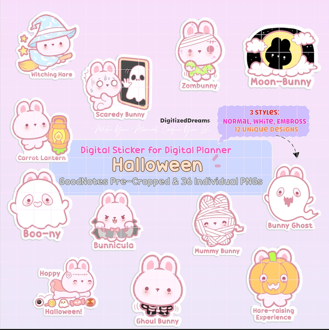 Bunny Halloween Digital Sticker Pack, Goodnotes Planner Stickers (PNG ...