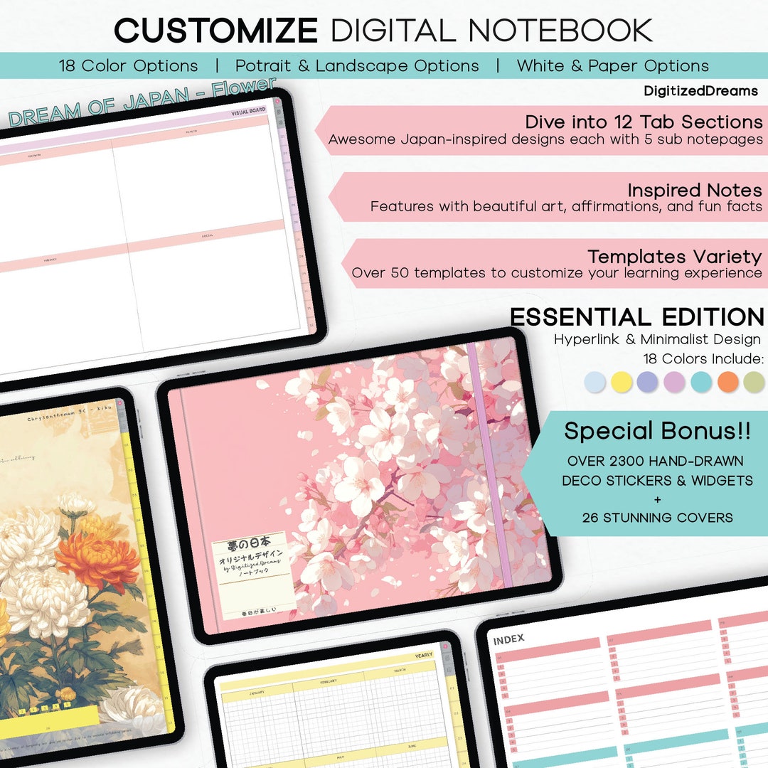 Japanese Floral Digital Notebook: Goodnotes Planner With Stickers (PDF ...