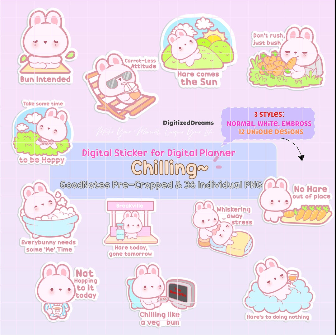 Chill Bunny Digital Stickers: Pink Rabbit Planner Art (goodnotes) - Etsy