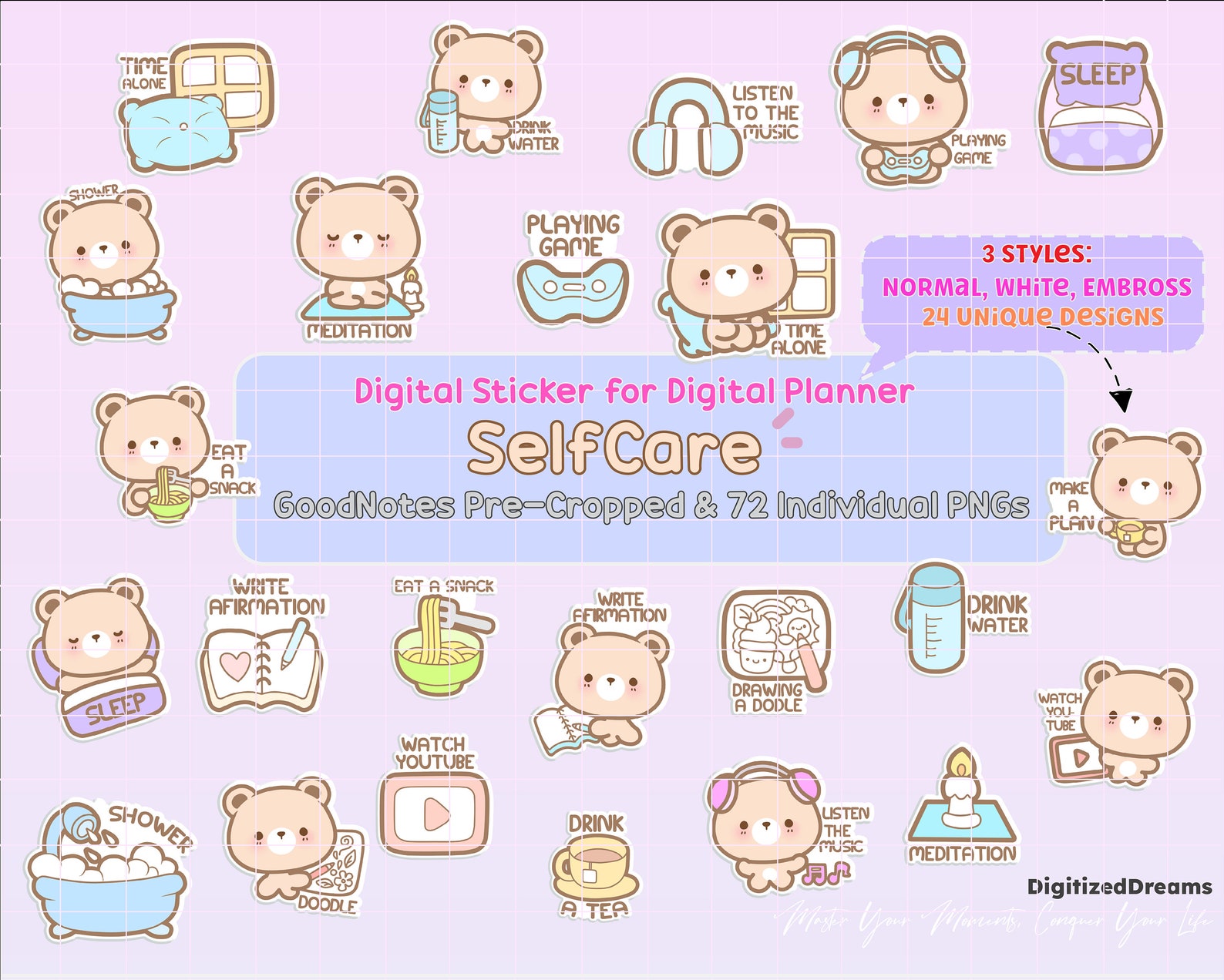 Bear Self-care Digital Sticker Pack: Goodnotes Planner Stickers (72 PNG ...