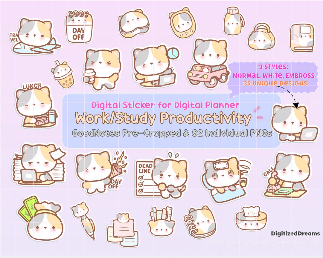 Kitty Digital Sticker Pack, Cat Goodnotes Pre-cropped Png Sticker, Work ...
