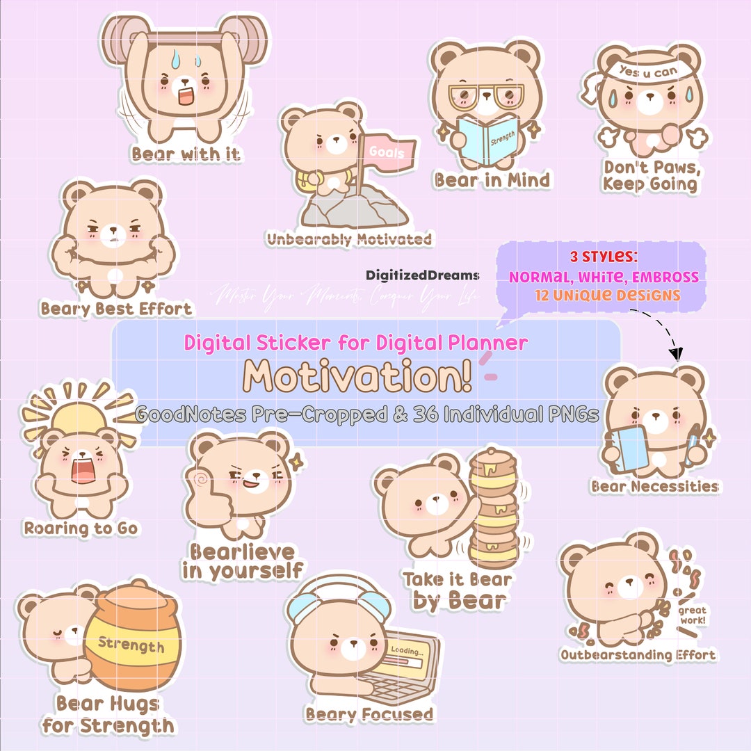 Bear Motivation Digital Sticker Pack, Goodnotes Stickers Png, Beary ...