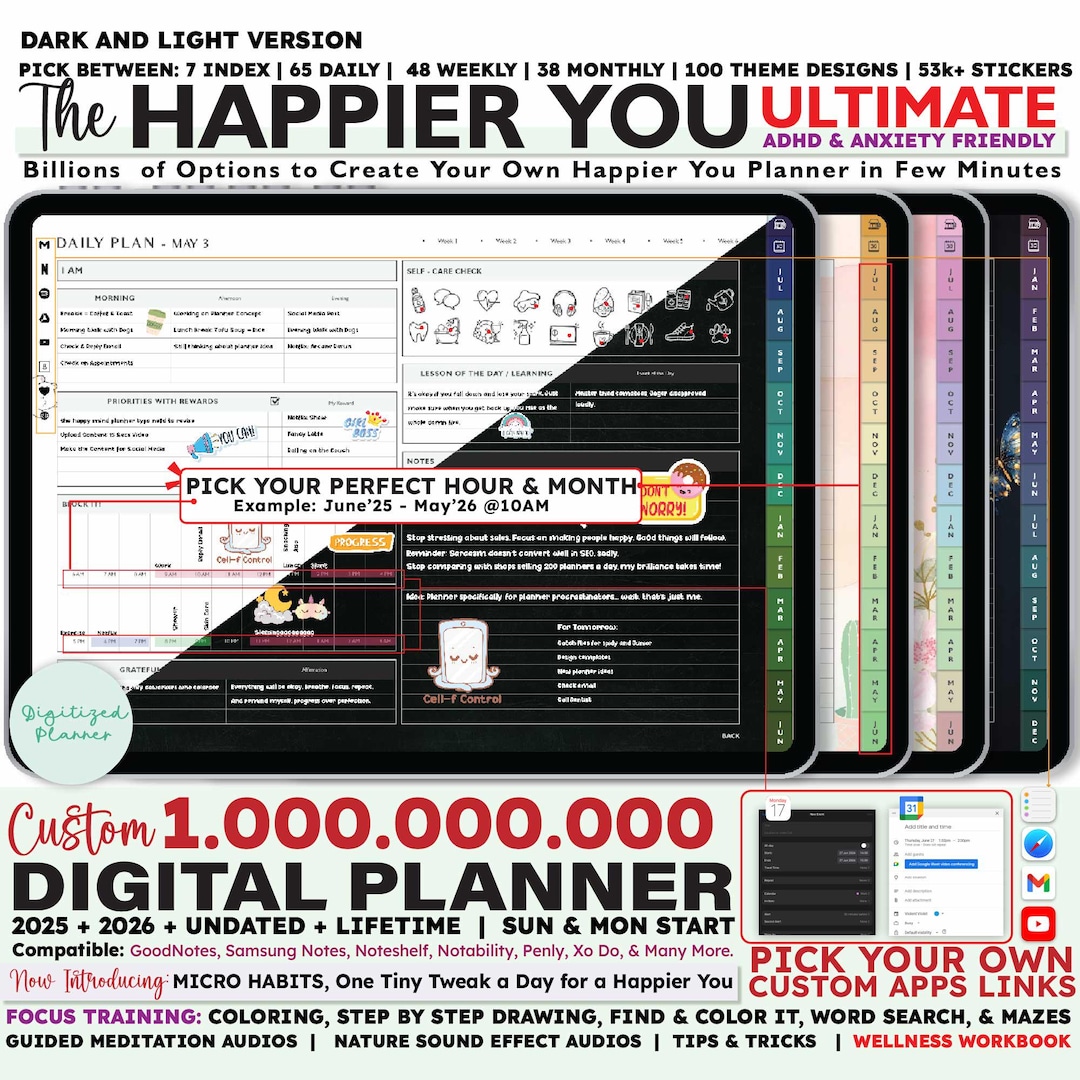 ADHD Digital Planner 2026, Undated, Lifetime, ADHD iPad Goodnotes ...