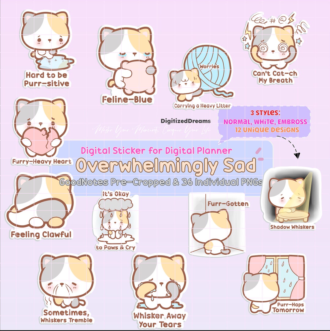 Sad Kitty Cat Digital Stickers for iPad & Android Planner, Goodnotes ...
