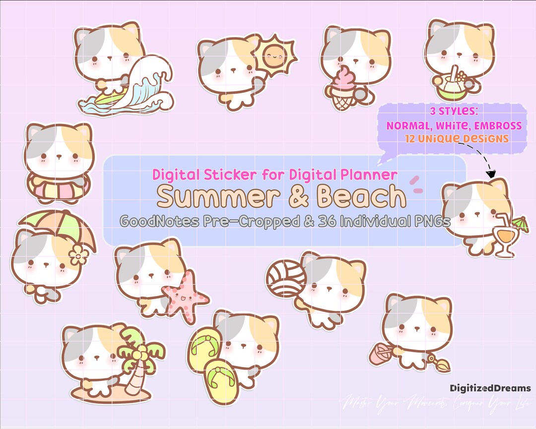 Kitty Cat Summer Stickers: Beach Vacation Digital Planner (goodnotes ...