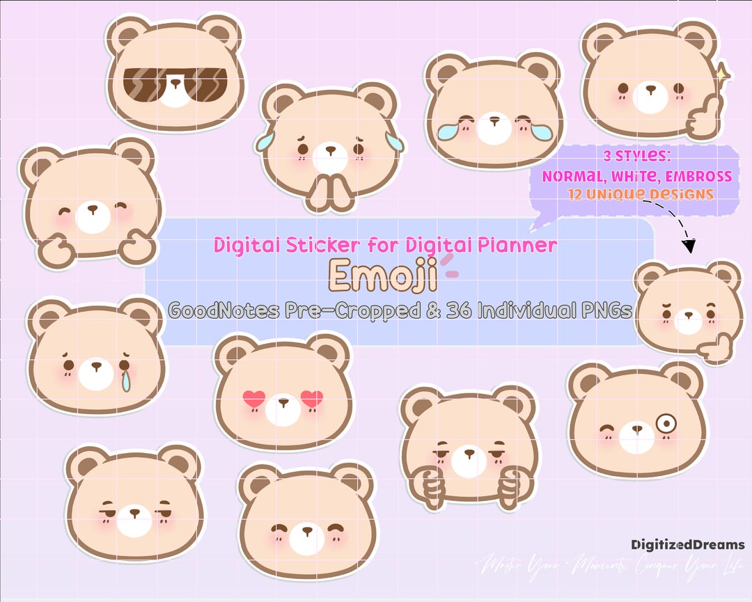 Bear Emoji Digital Sticker Pack, Goodnotes Pre-cropped Png, iPad ...