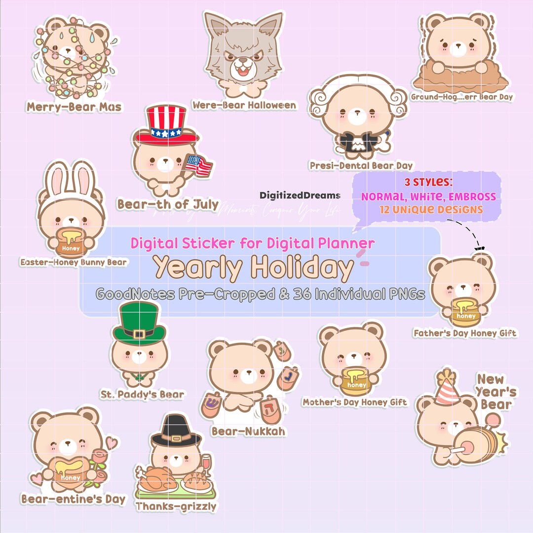 Bear Holiday Digital Stickers: Goodnotes Planner Stickers (36 PNG) - Etsy
