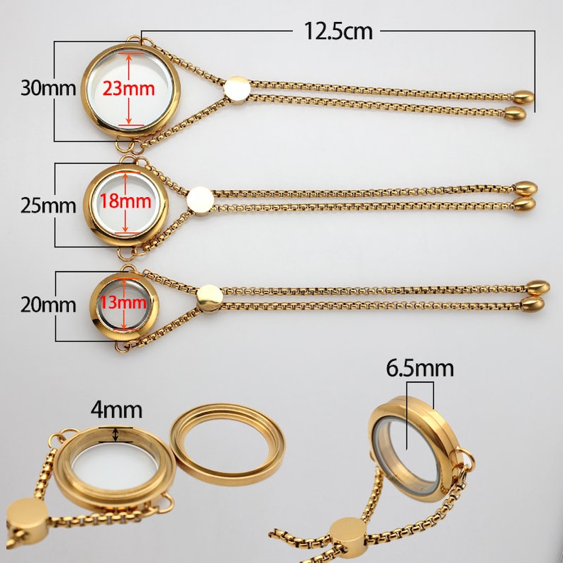 Stainless Steel Glass Locket Bracelet 20mm 25mm 30mm Gold Color Living ...