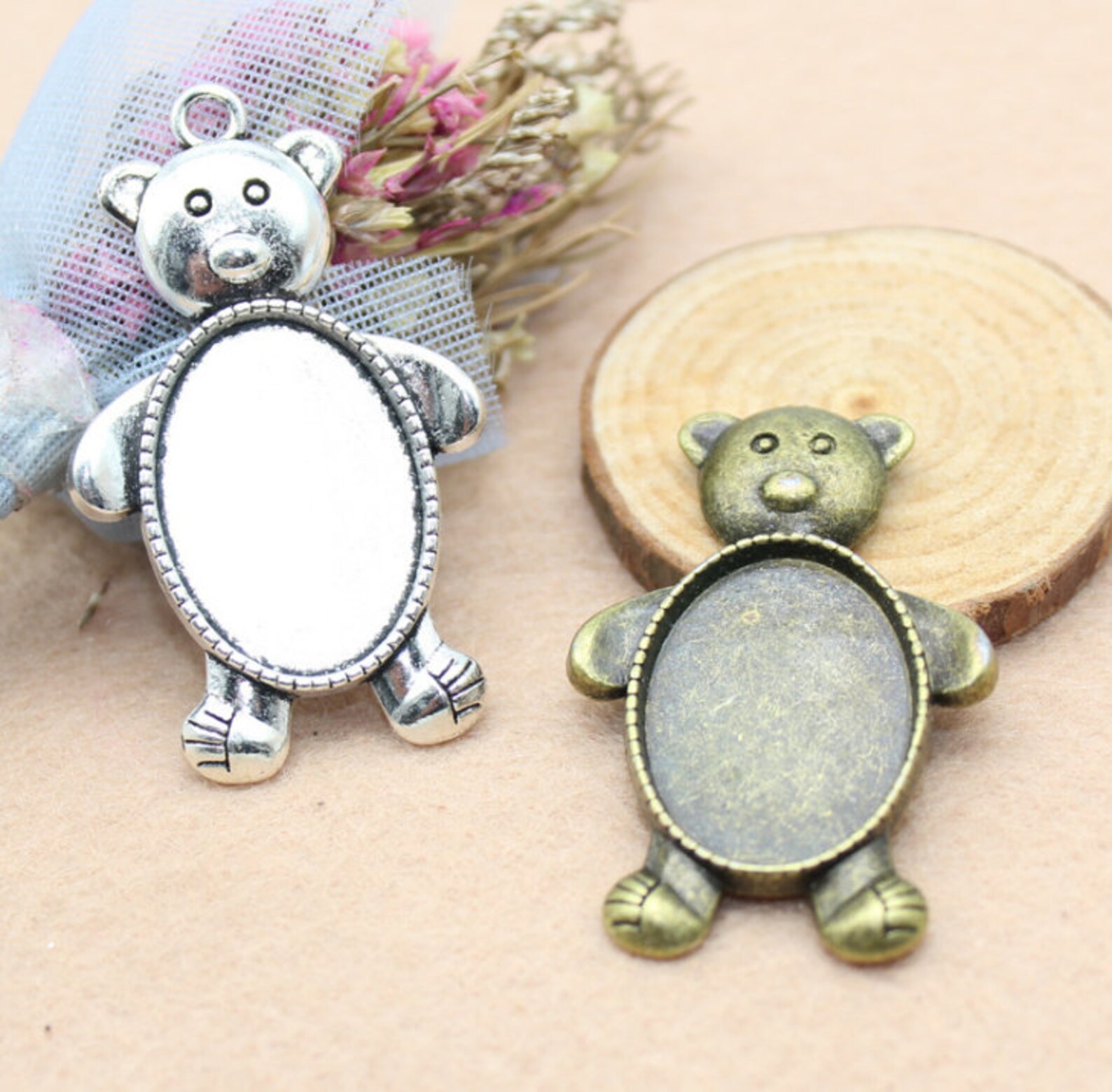 18x25mm Bear Pendant Blank Oval - Zinc Alloy Cabochon Base Setting ...