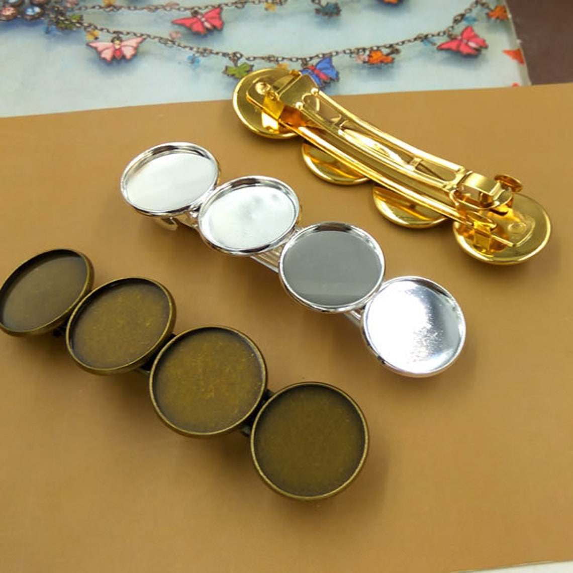 20mm Brass Blank Hair Barrette - Round Cameo Mounting - 4 Pads Antique ...