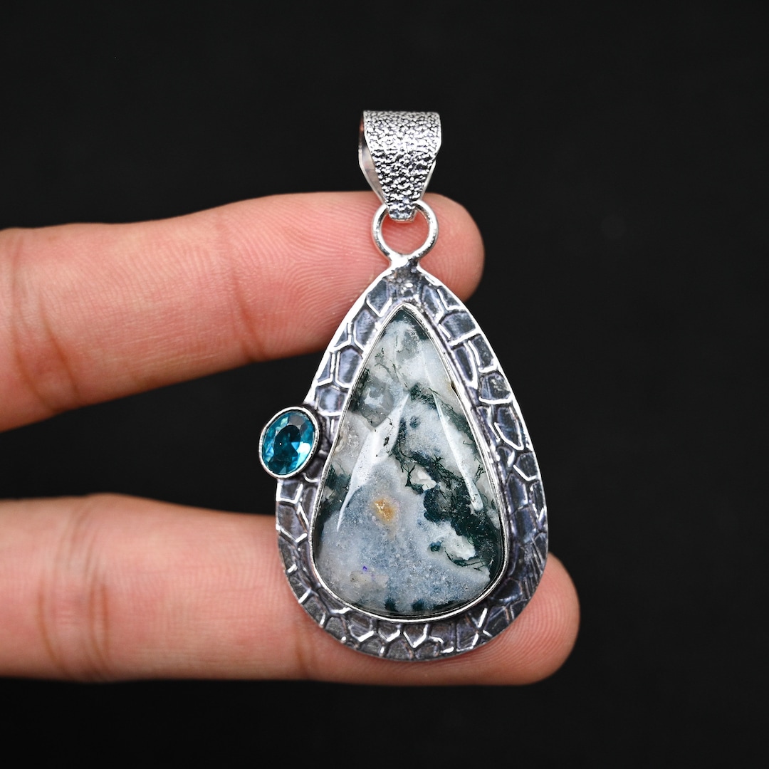 Moss Agate & Topaz Pendant 925 Solid Sterling Silver Pendant Big Size Pendant Handmade Gemstone ...