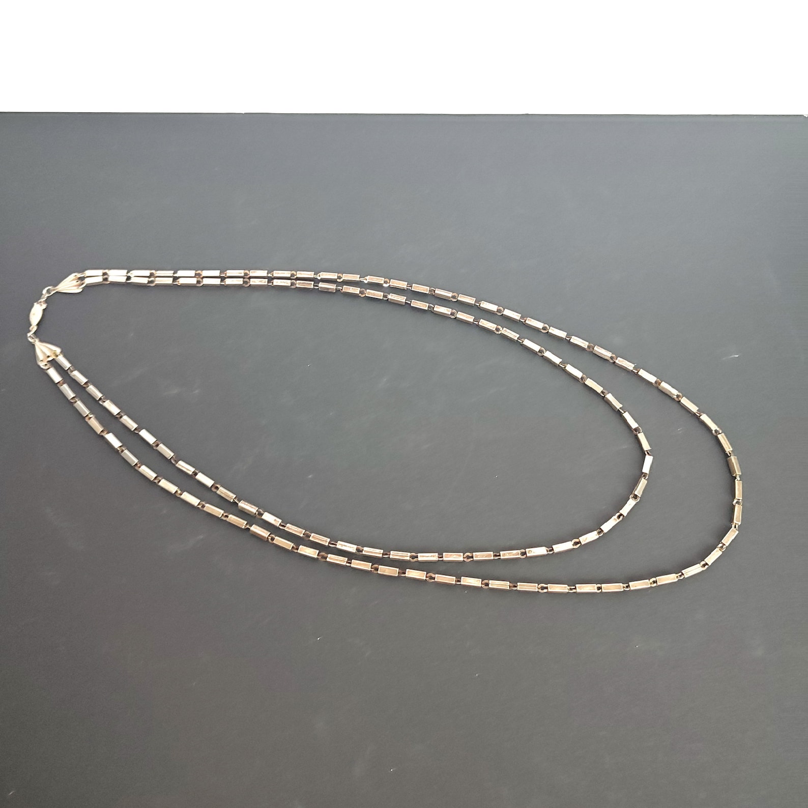 Monet Square Long Box Two Strands Necklace Silver Tone Vintage Link ...