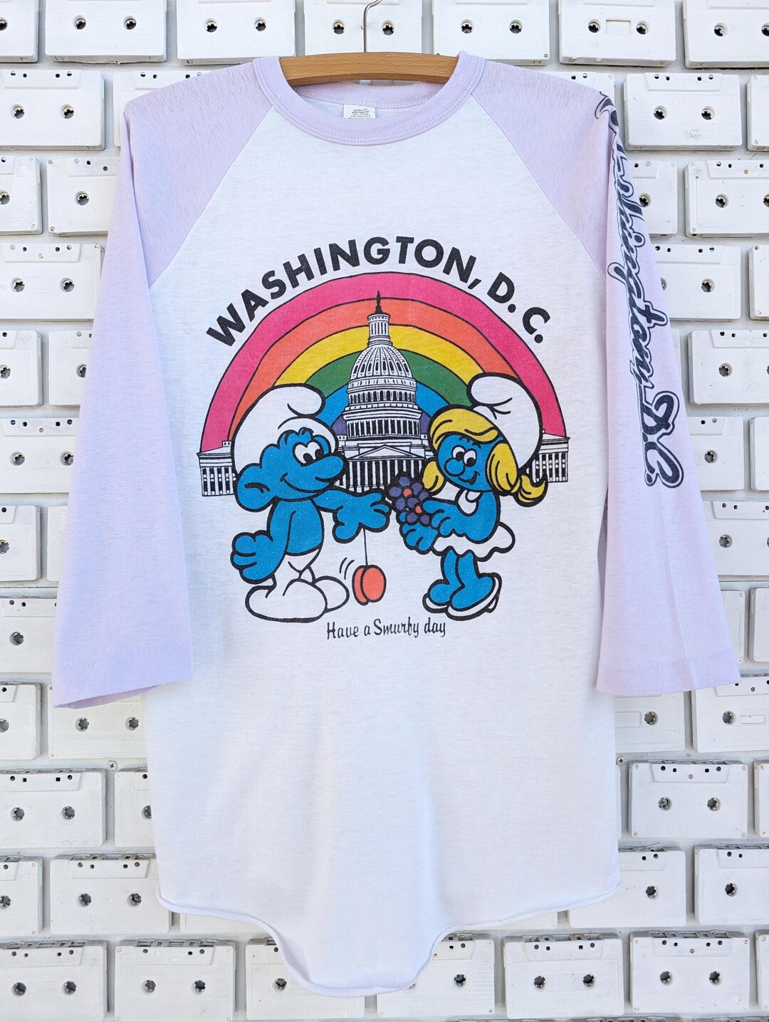 Vintage 80s Smurfs Raglan T-shirt Have A Smurfy Day Rainbow Cartoon ...