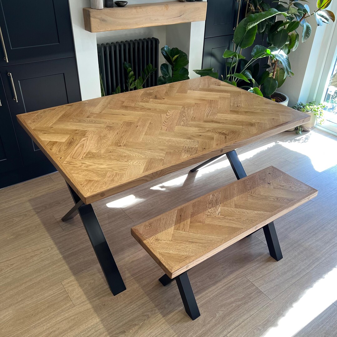Handmade Oak Herringbone Dining Table With Bench - Solid Wood Kitchen Table - Etsy UK