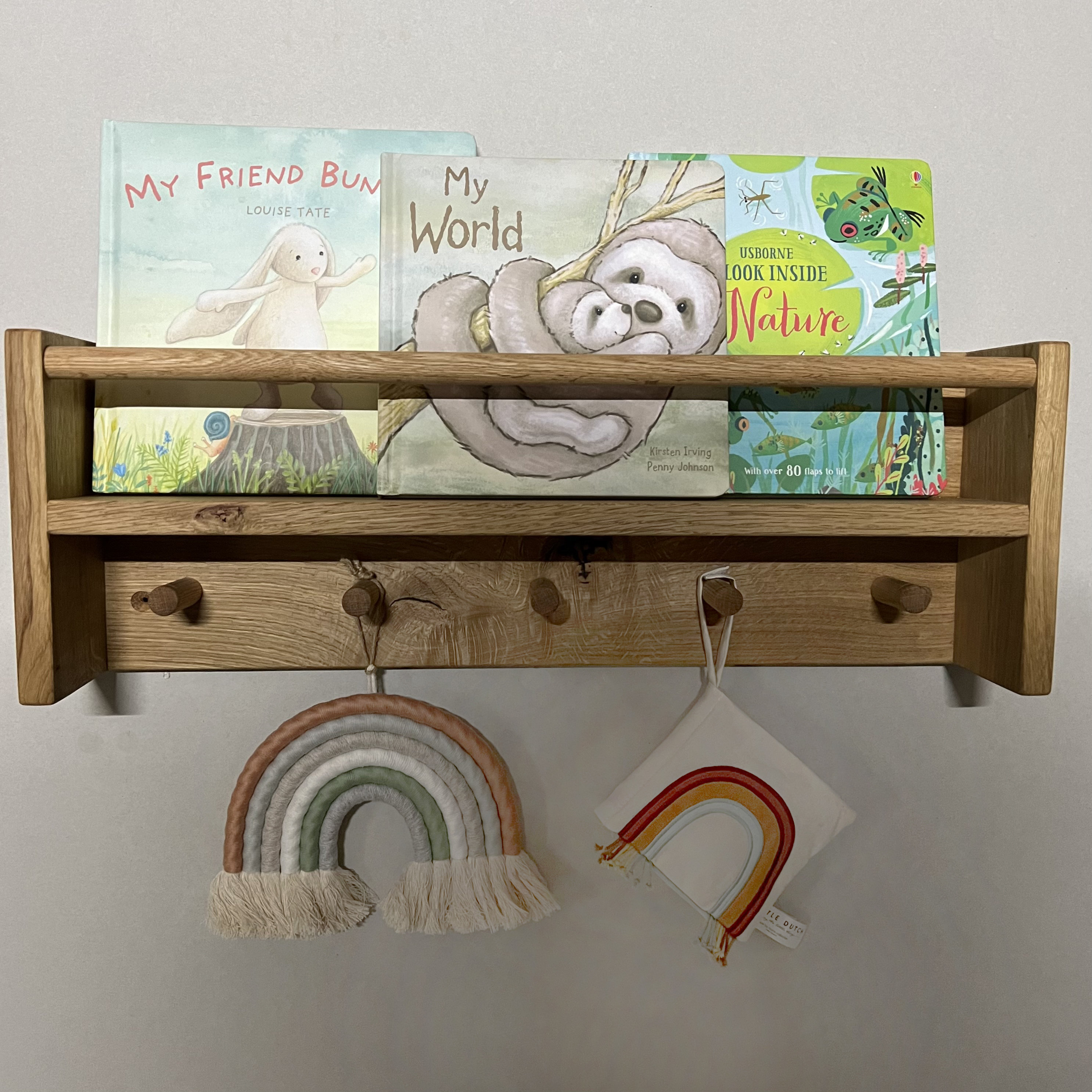 Oak Shaker Peg Rail & Book Shelf — The Woodman's Workshop