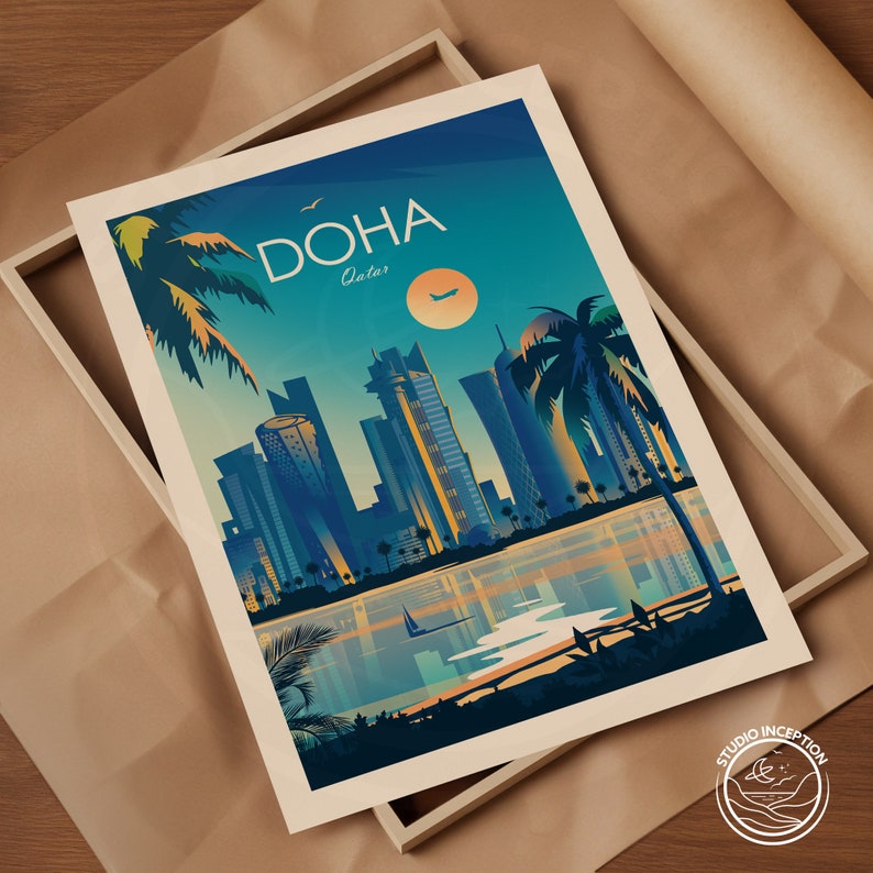 Doha Skyline Travel Print, Qatar Poster, Persian Golf Wall Art, Travel ...