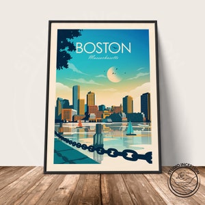 Boston Travel Print Featuring Boston Massachusetts Skyline, Art Print ...
