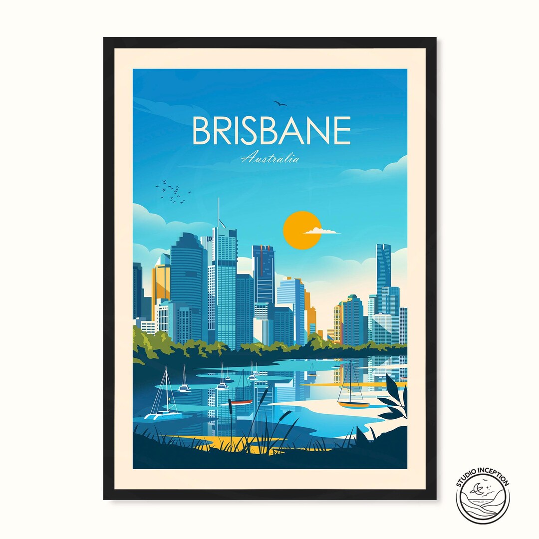 Brisbane Australia Travel Poster Print Featuring High Rise Buildings ...