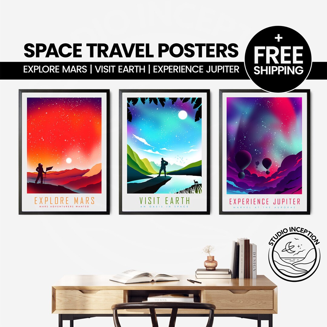 Poster Art Print Set of 3 Space Travel Posters, Explore Mars, Visit ...