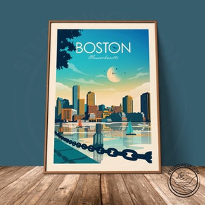 Boston Travel Print Featuring Boston Massachusetts Skyline, Art Print ...