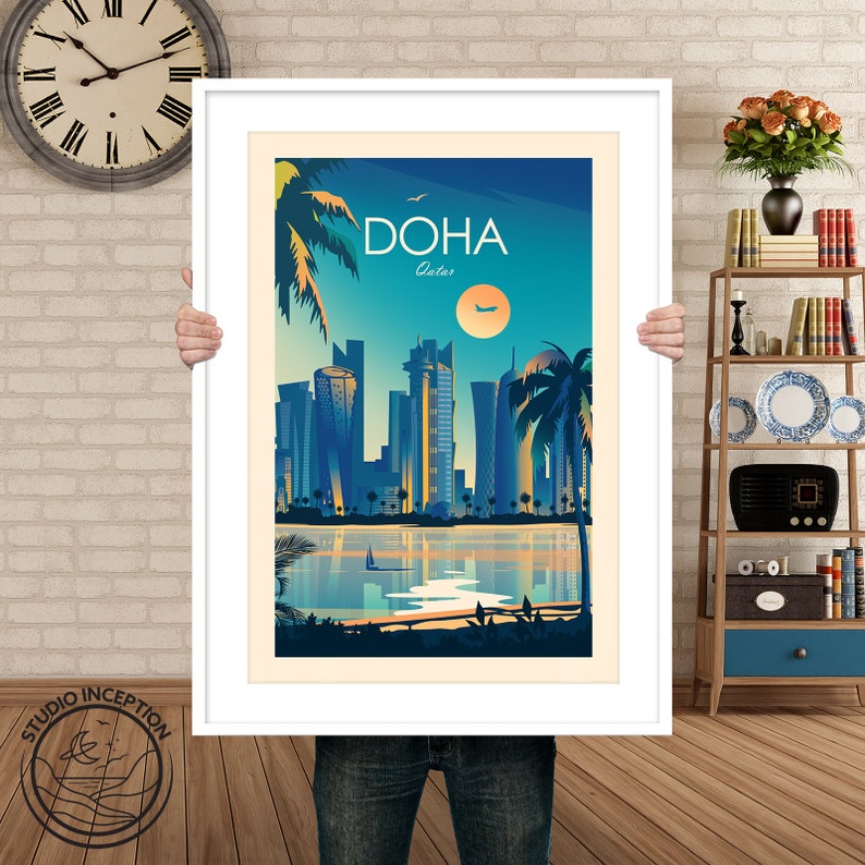Doha Skyline Travel Print, Qatar Poster, Persian Golf Wall Art, Framed ...