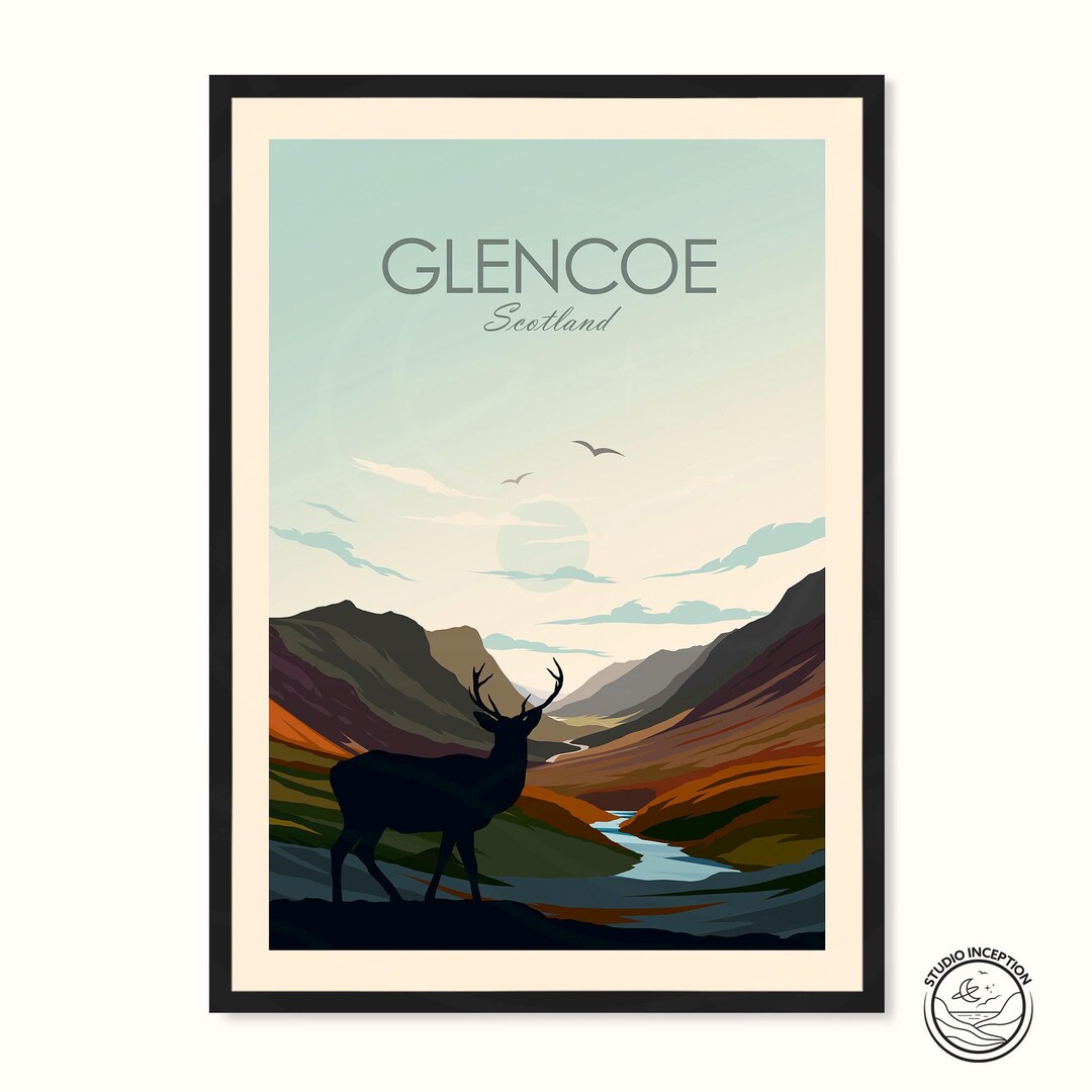 Glencoe Print Featuring Stag in Foreground, Scotland Travel Poster ...