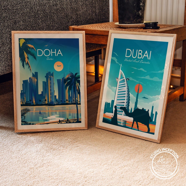 Doha Skyline Travel Print, Qatar Poster, Persian Golf Wall Art, Framed ...