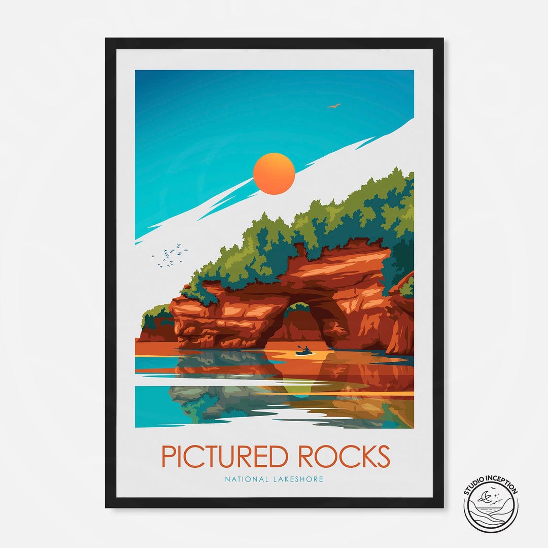 Pictured Rocks Print Michigan Travel Poster Lake Superior Travel Gift ...