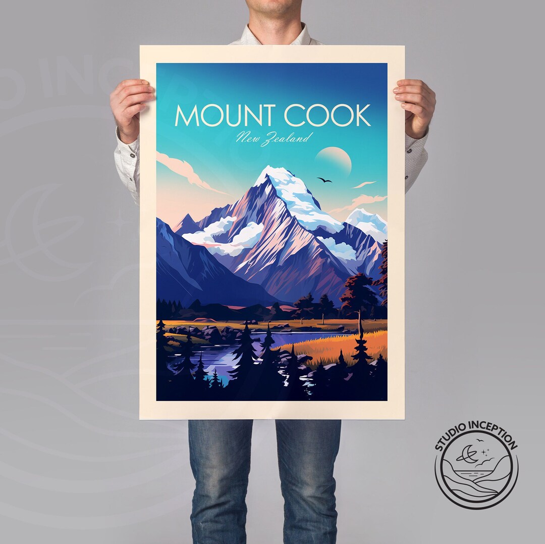 Mount Cook New Zealand Travel Print Poster Aoraki Wall Art Wall Hanging ...