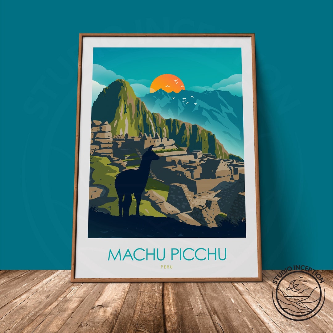 Peru Print Machu Picchu Featuring Llama Peru Art Travel Poster Cusco ...