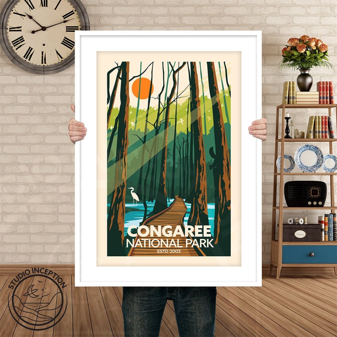 Congaree National Park Travel Poster Print, Featuring Heron & Squirrel ...