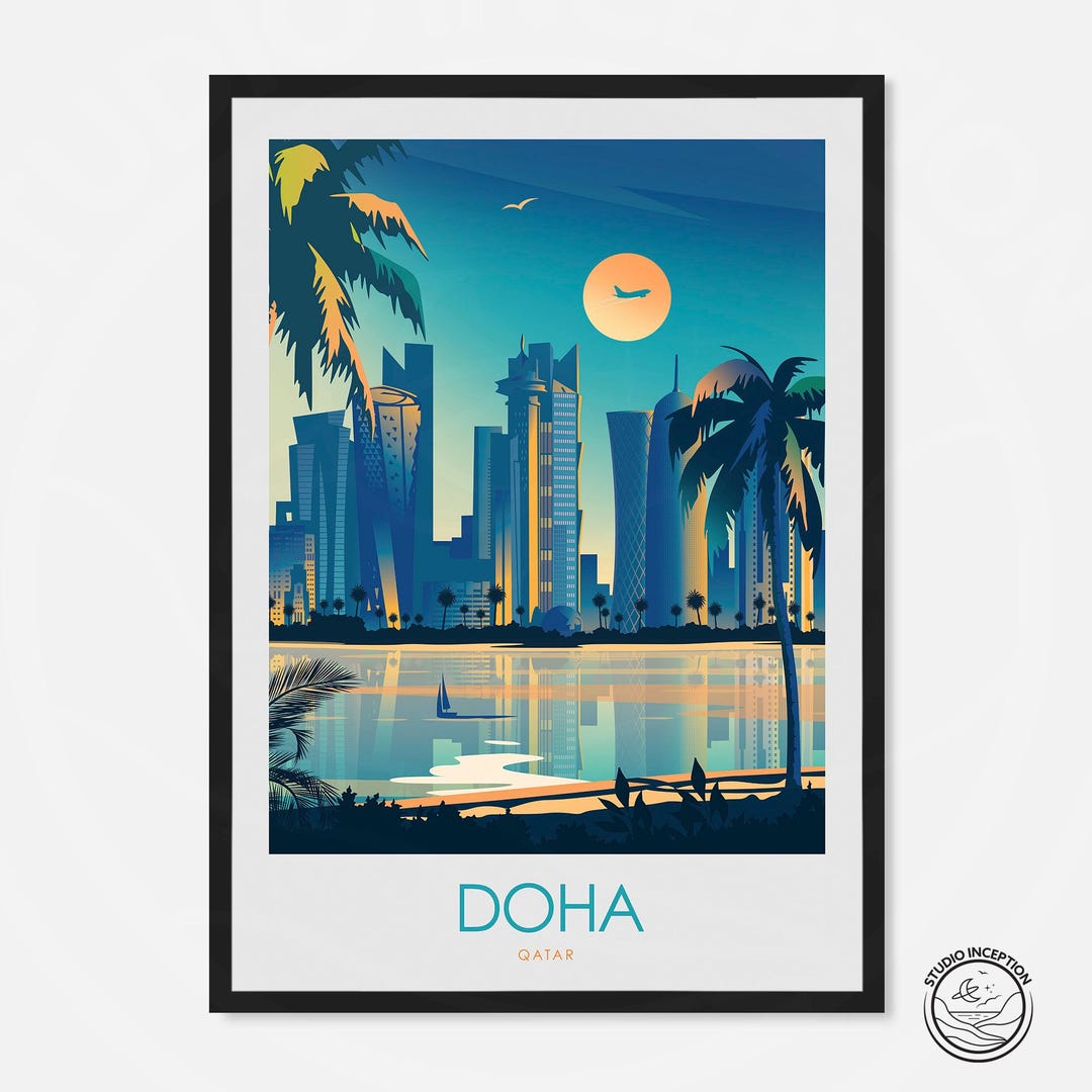 Doha Qatar Print, Saudi Arabia Travel Poster, Persian Golf Wall Hanging ...