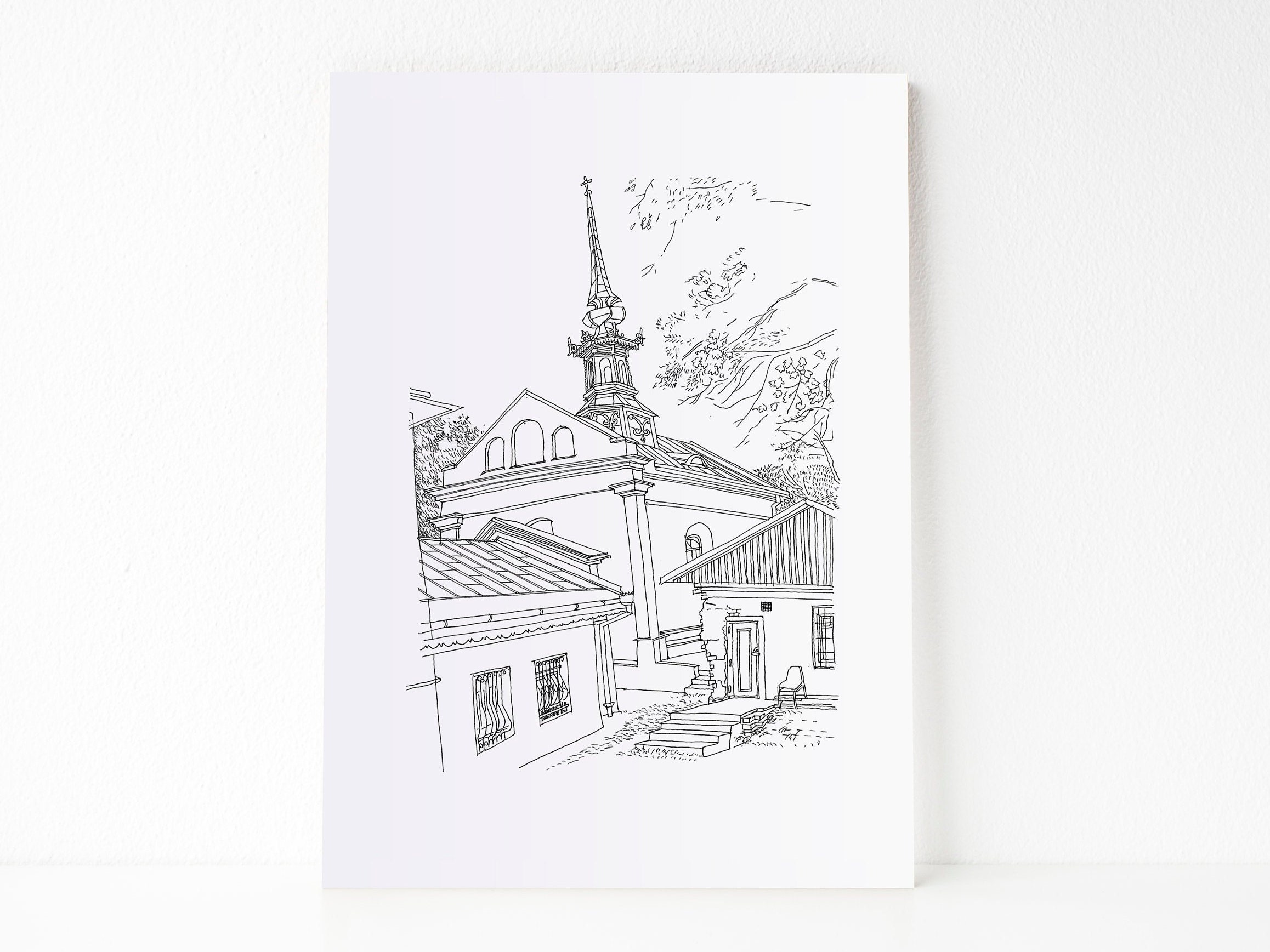 Church Line Drawing for Instant Download Vertical Wall Art ...
