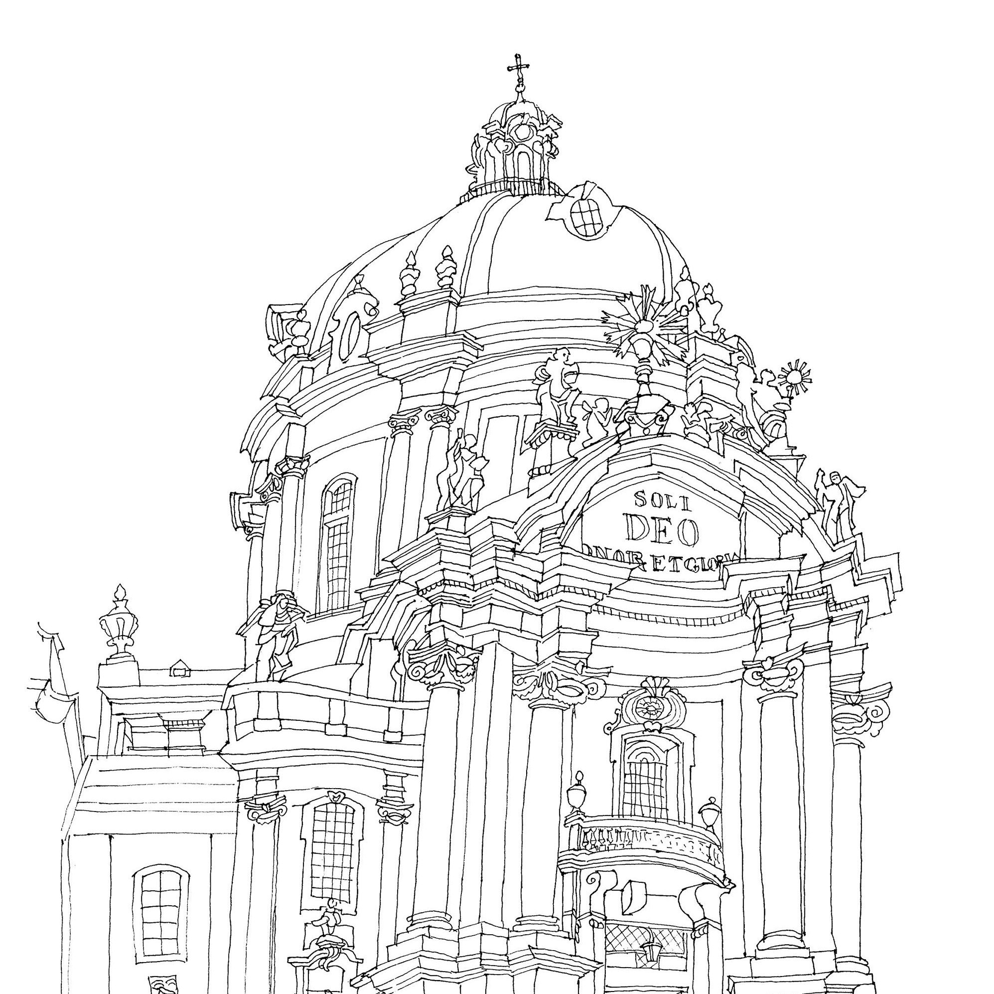 Baroque Church Line Drawing Print Instant Download - Etsy