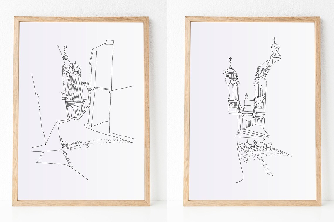 Set of 2 Art Prints One Line Drawing Architecture Poster for - Etsy