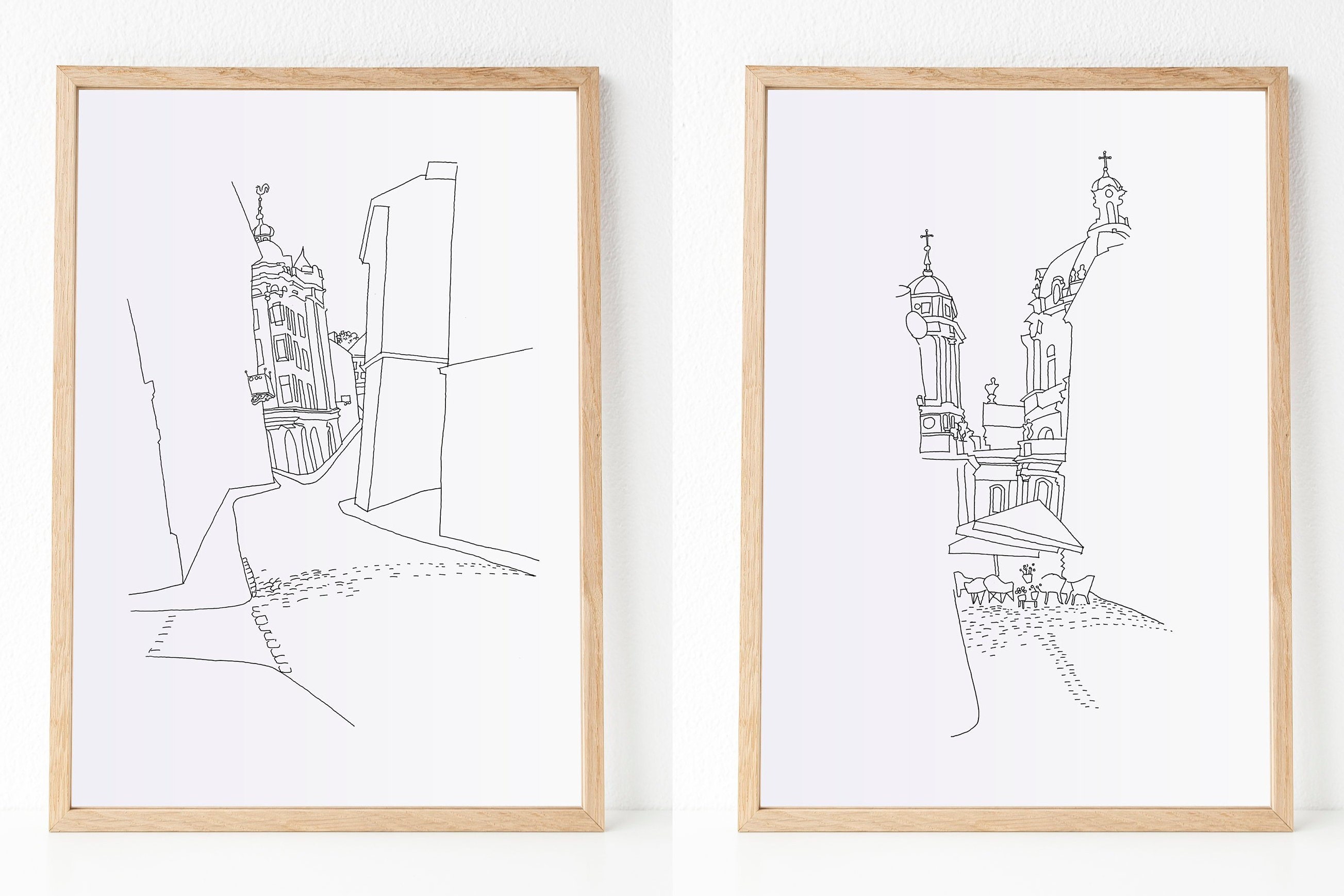 Set of 2 Art Prints One Line Drawing Architecture Poster for - Etsy