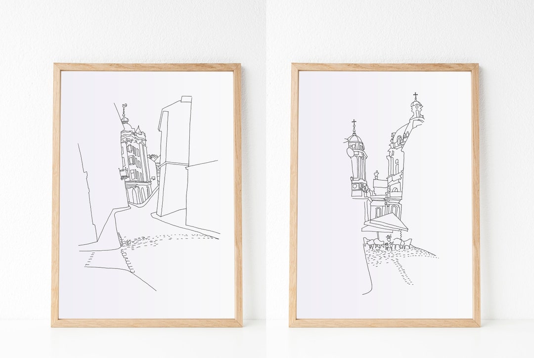 Set of 2 Art Prints One Line Drawing Architecture Poster for - Etsy