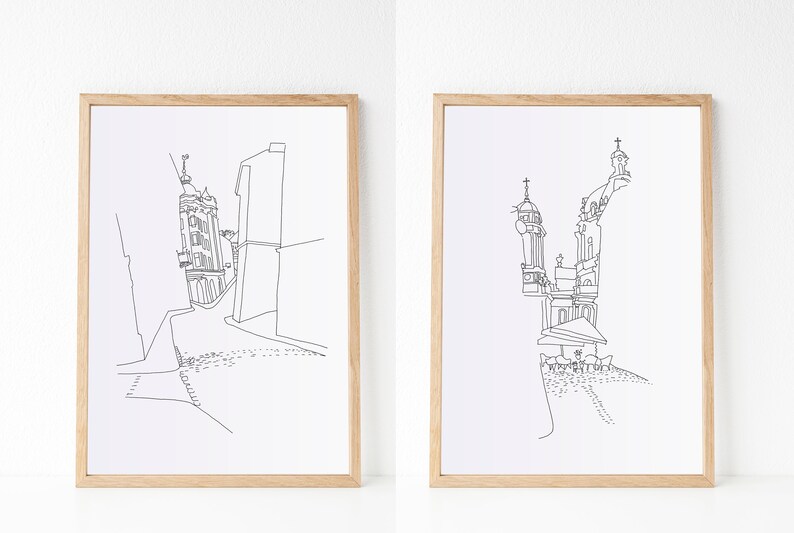 Set of 2 Art Prints One Line Drawing Architecture Poster for - Etsy