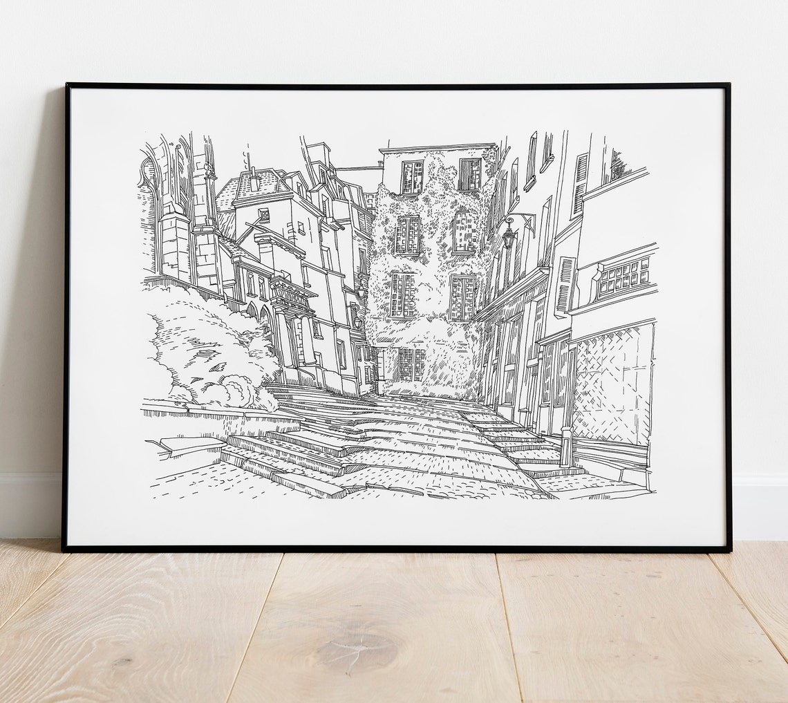 Paris street drawing for digital download One line drawing | Etsy