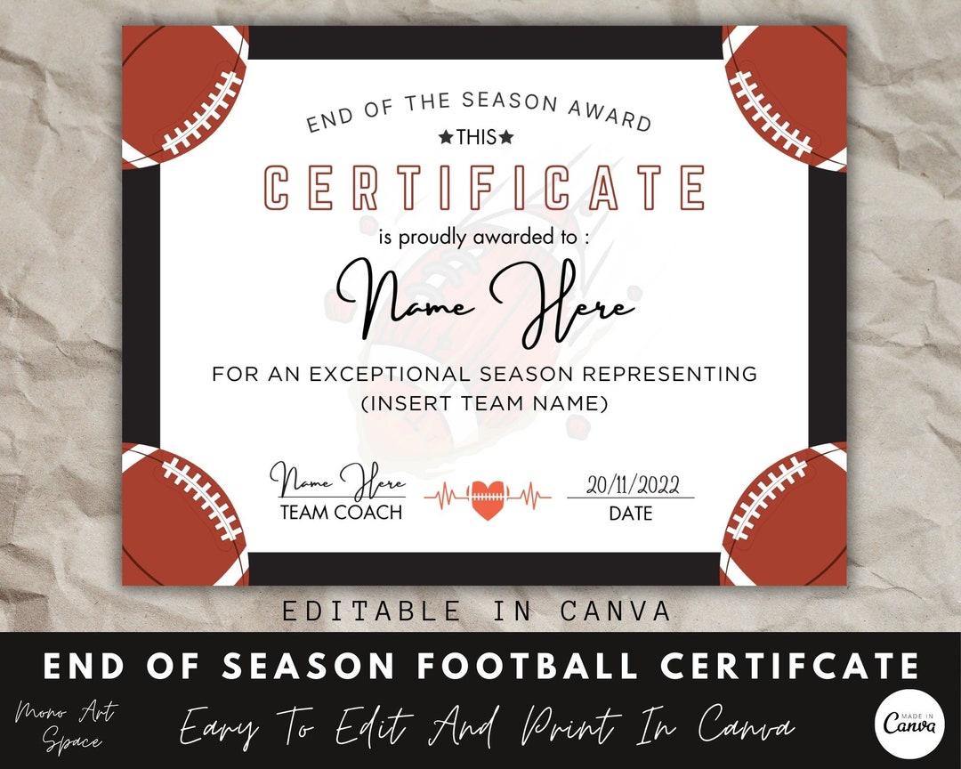 End of Season American Football Award Certificate, Canva Template ...